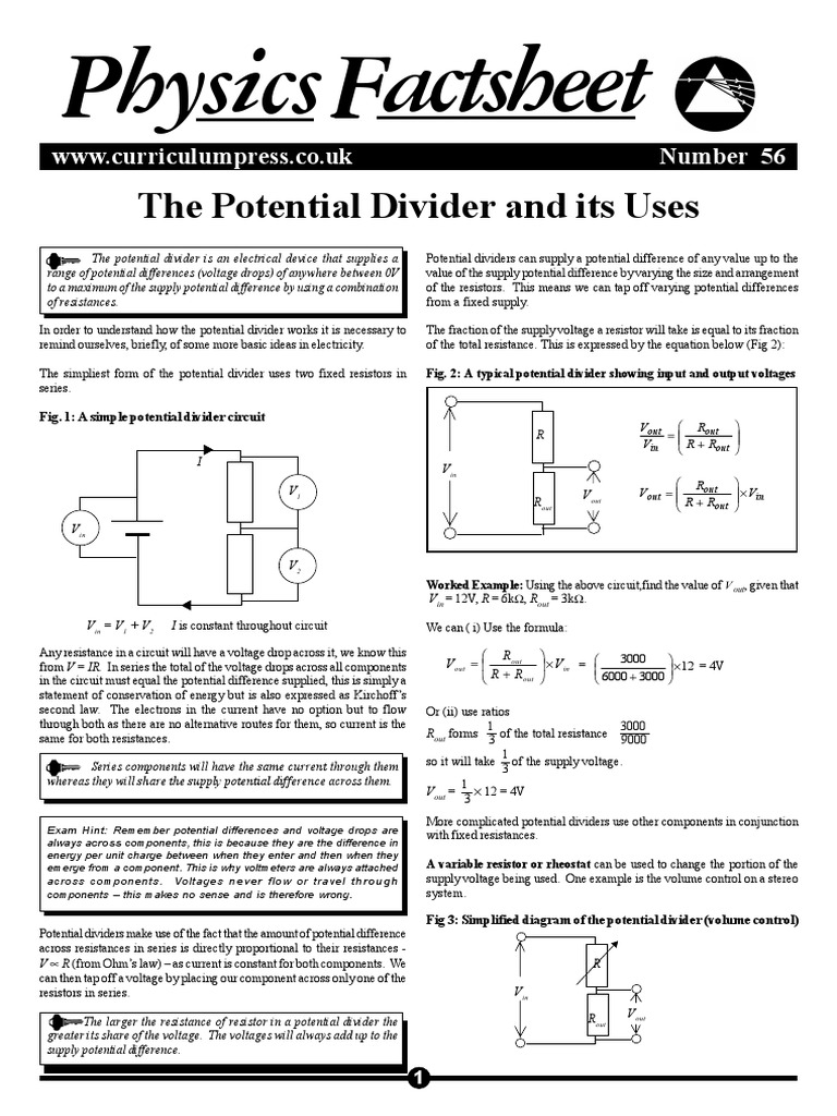 The Potential Divider and Its Use | PDF | Voltage | Electrical ...
