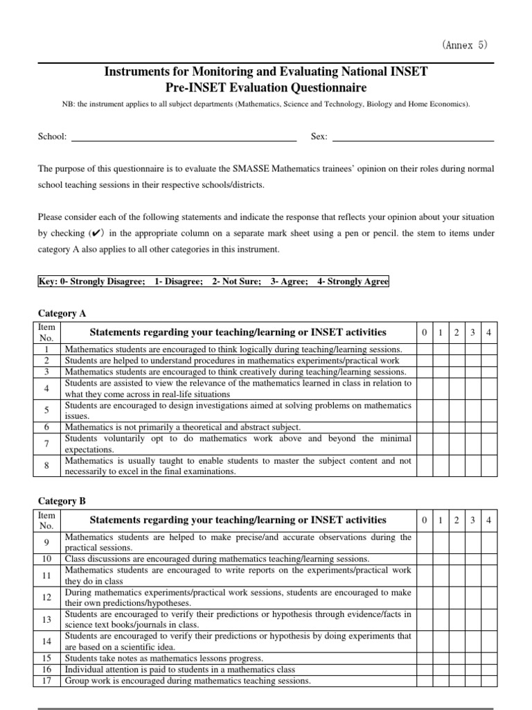 07 Annex 5 Pre-Inset Evaluation Sheet (Maths) | Download Free PDF | Educational Assessment ...