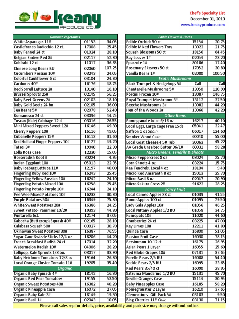Chef Speciality List 123113 | PDF | Cooking, Food & Wine | Home & Garden
