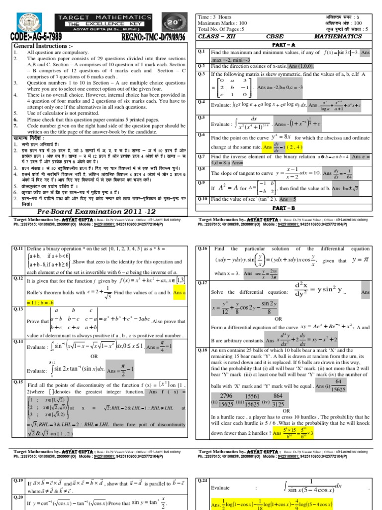 General Instructions:-: Class - Xii Cbse Mathematics | PDF | Logarithm ...