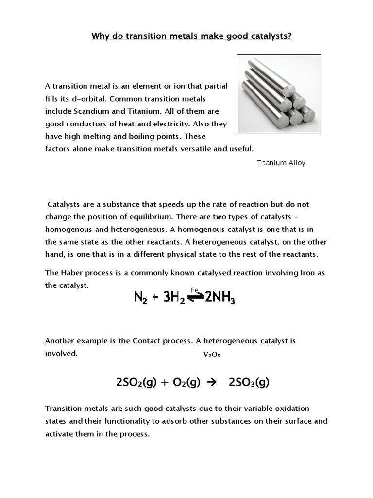 Why Do Transition Metals Make Good Catalysts?: 2SO (G) + O (G) 2SO (G ...