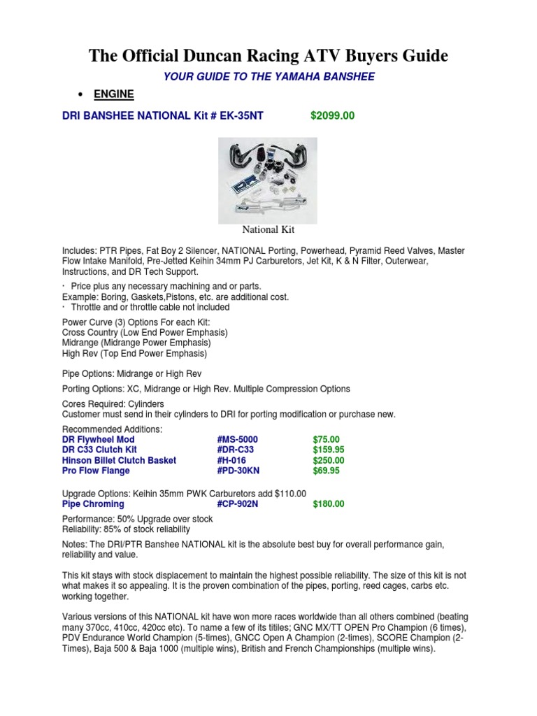 Catalogue Duncan Racing Banshee Guide | PDF | Carburetor | Throttle