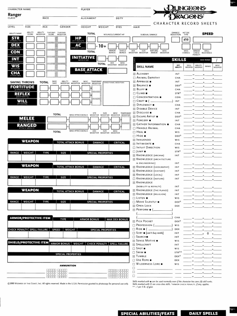 Ranger Sheet
