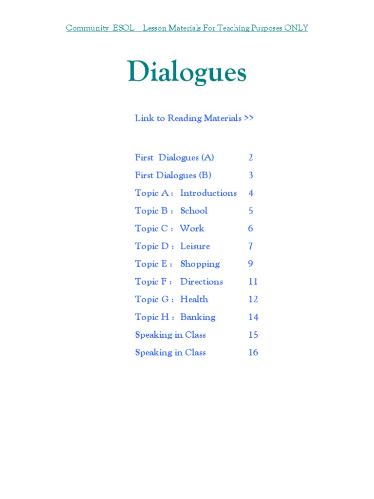 Dialogues: Community ESOL Lesson Materials For Teaching Purposes ONLY ...