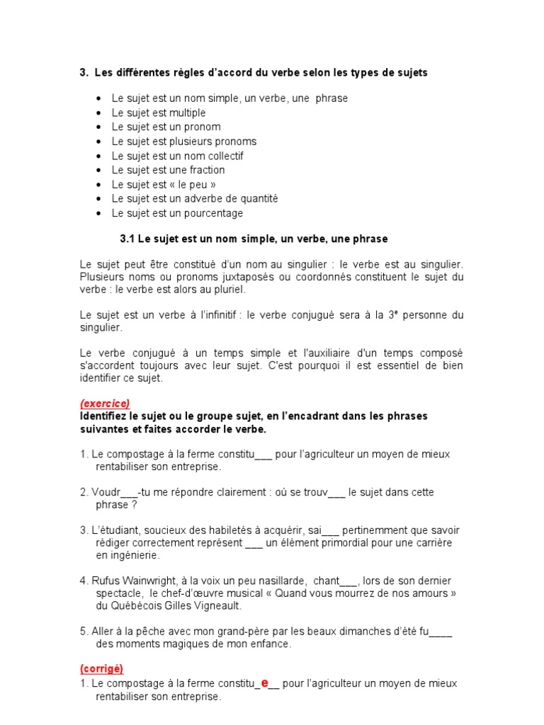 Accords du verbe selon le sujet | PDF | Nombre grammatical | Sujet ...