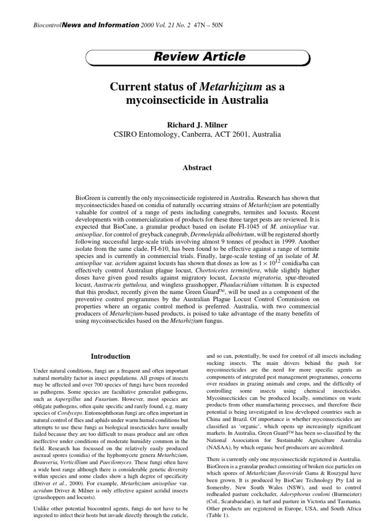 Current Status of Metarhizium As A Mycoinsecticide in Australia | PDF ...