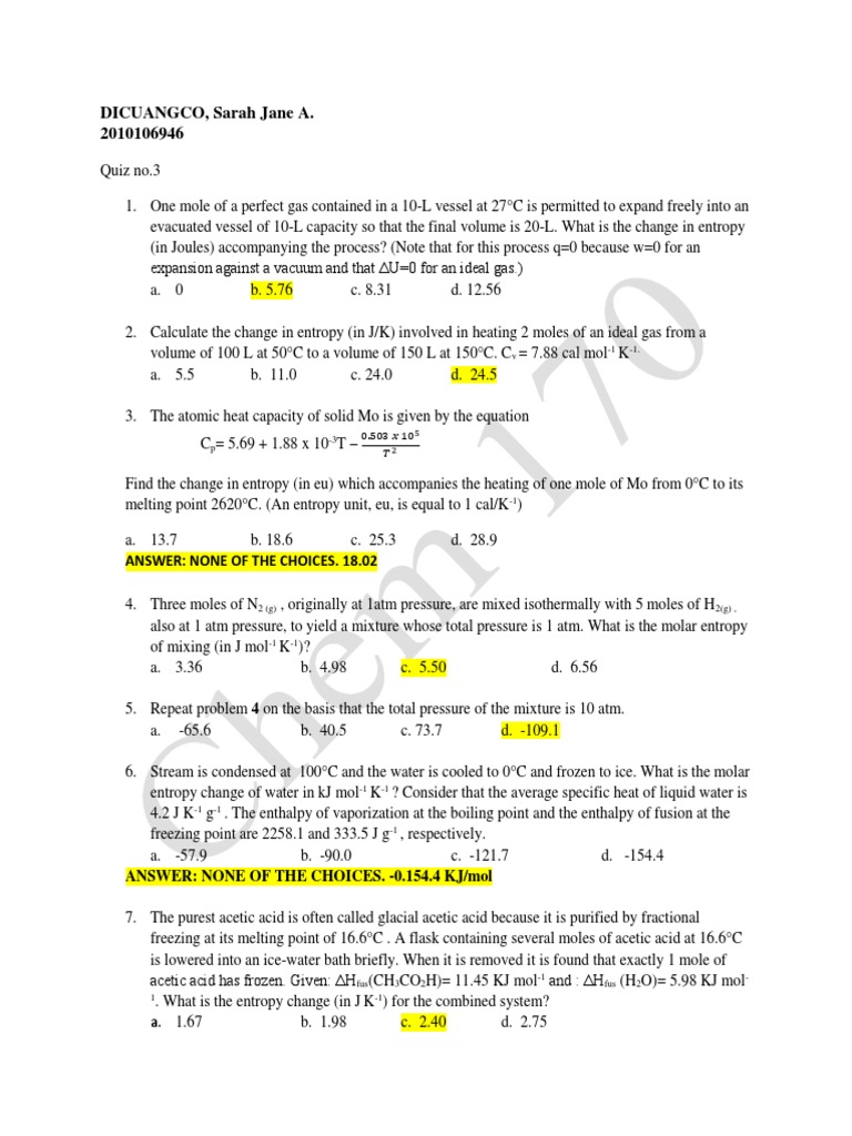 Quiz No 3 | PDF | Gibbs Free Energy | Enthalpy