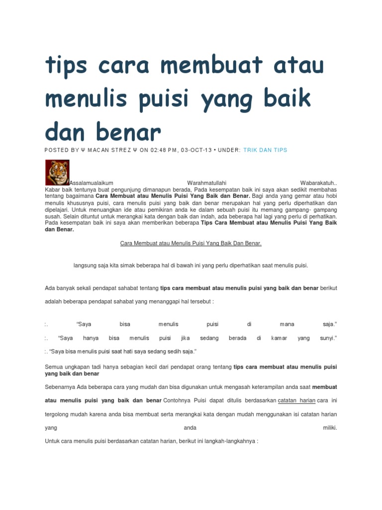 Tips Cara Membuat Atau Menulis Puisi Yang Baik Dan Benar | PDF | Seni ...