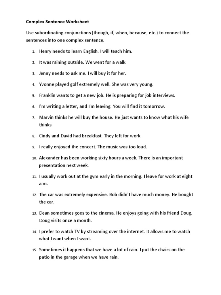 Complex Sentence Worksheet | PDF