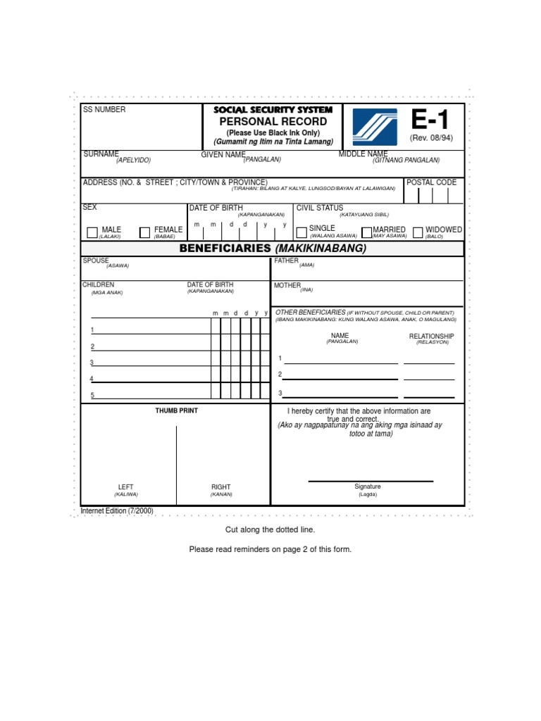 Personal Record Form for Social Security System Registration | PDF ...