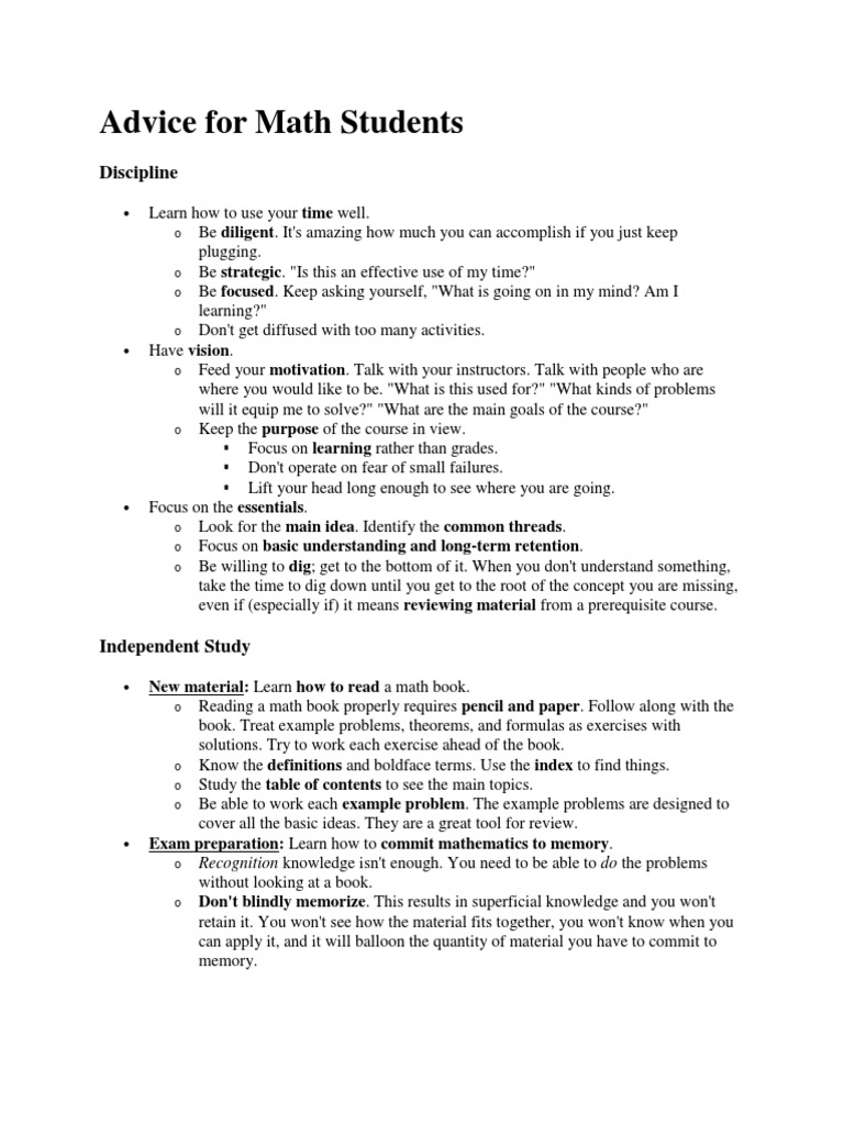 Advice For Math Students | PDF | Teaching Mathematics | Cognition