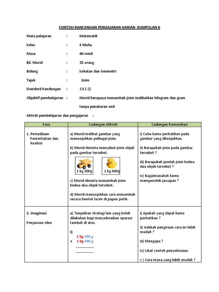 Contoh RPH Kumpulan 6 Jisim | PDF