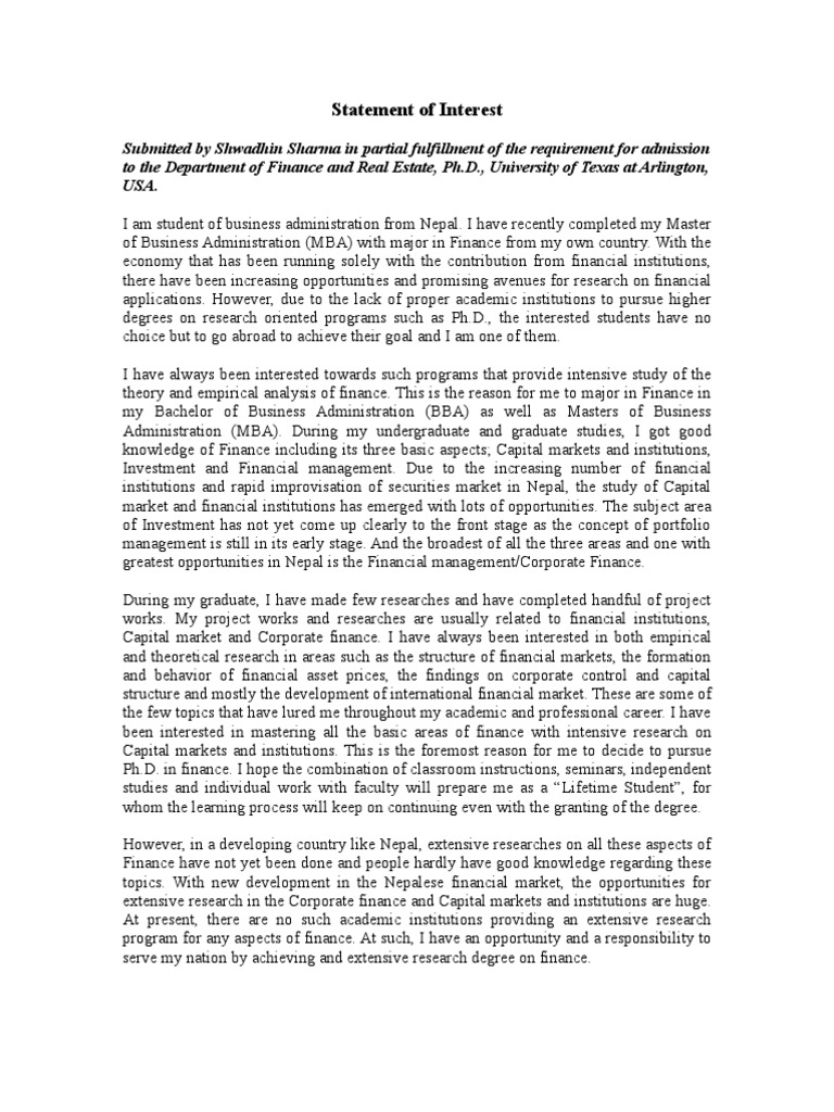 Statement Of Interest PDF Master Of Business Administration