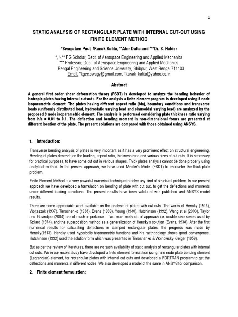 Static Analysis Of Rectangular Plate With Internal Cut Out Using Finite Element Method Pdf