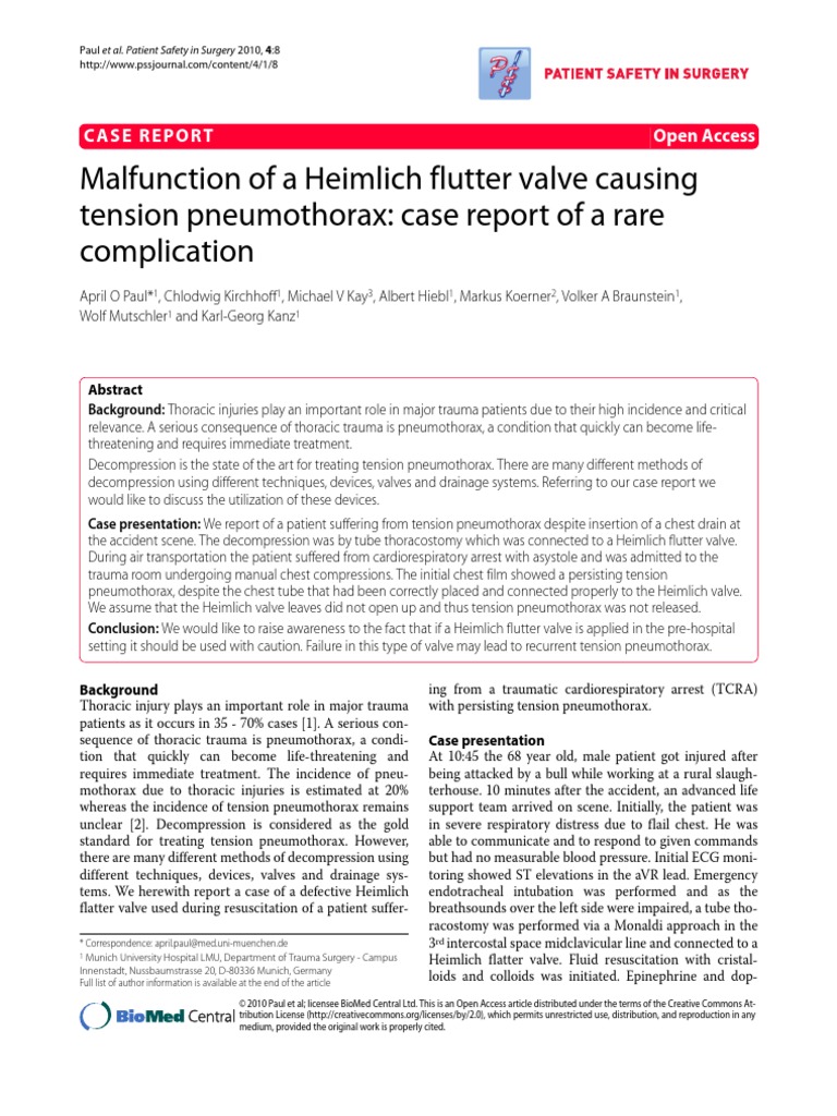 Malfunction of a Heimlich Flutter Valve Causing | Thorax | Major Trauma