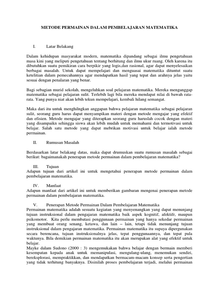 Metode Permainan Dalam Pembelajaran Matematika | PDF
