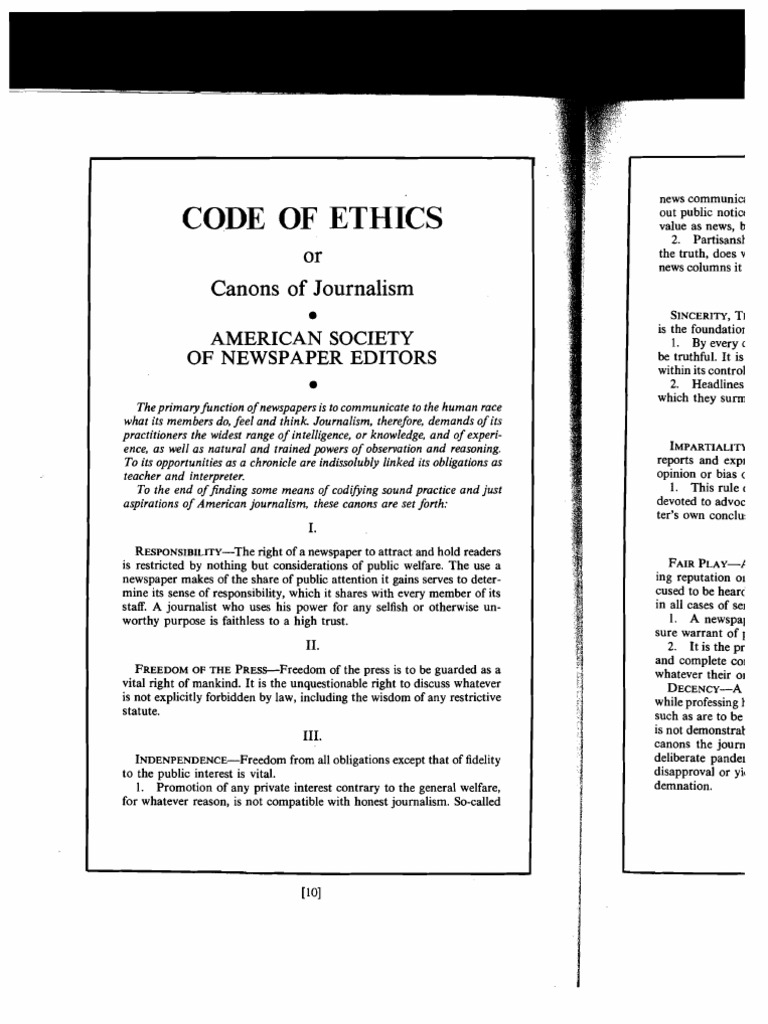 Canons of Journalism -- ASNE -- Code of Ethics -- 1922 | Journalism | News
