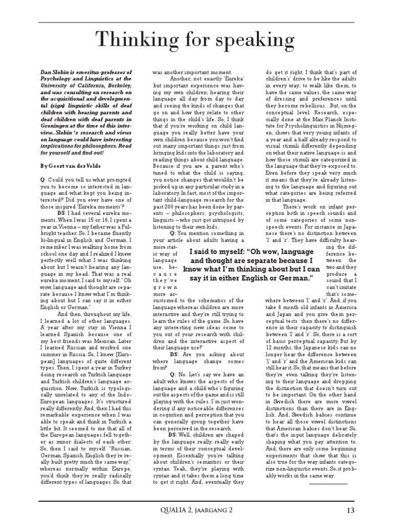 (2005) Slobin - Thinking For Speaking (Qualia Interview) | PDF | Sign ...