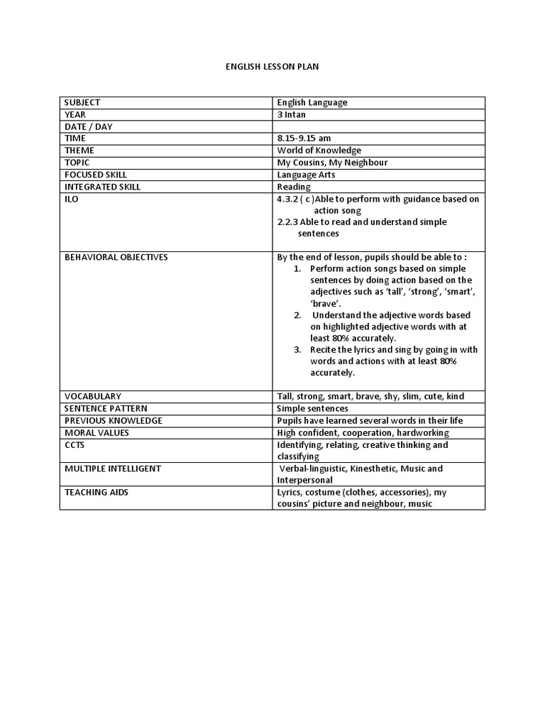 ENGLISH LESSON PLAN Language Arts - Checked | PDF | Lesson Plan ...
