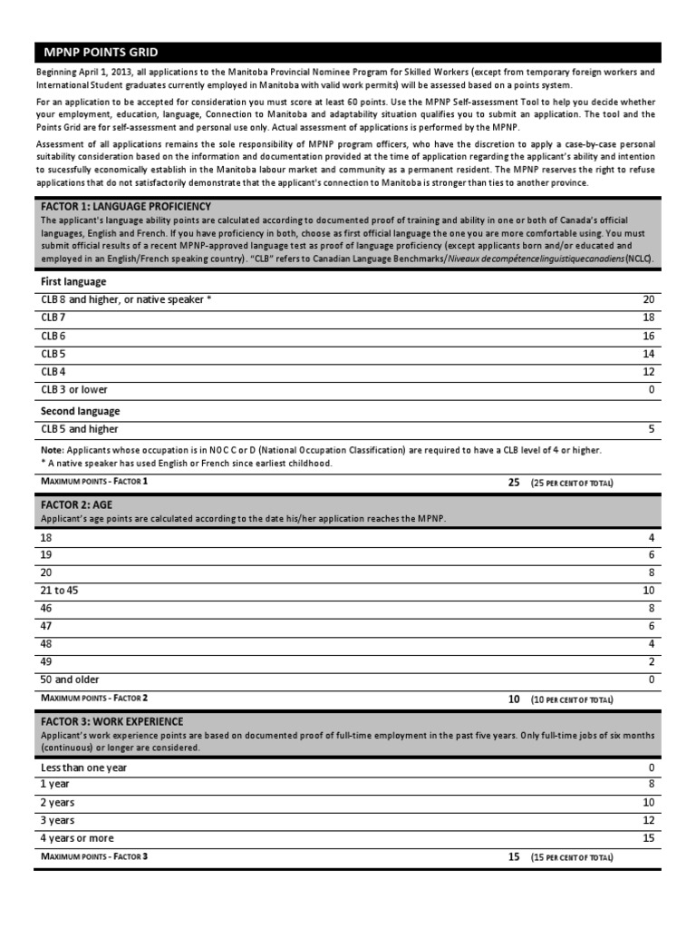 MPNP Points Grid: Factor 1: Language Proficiency | Download Free PDF ...