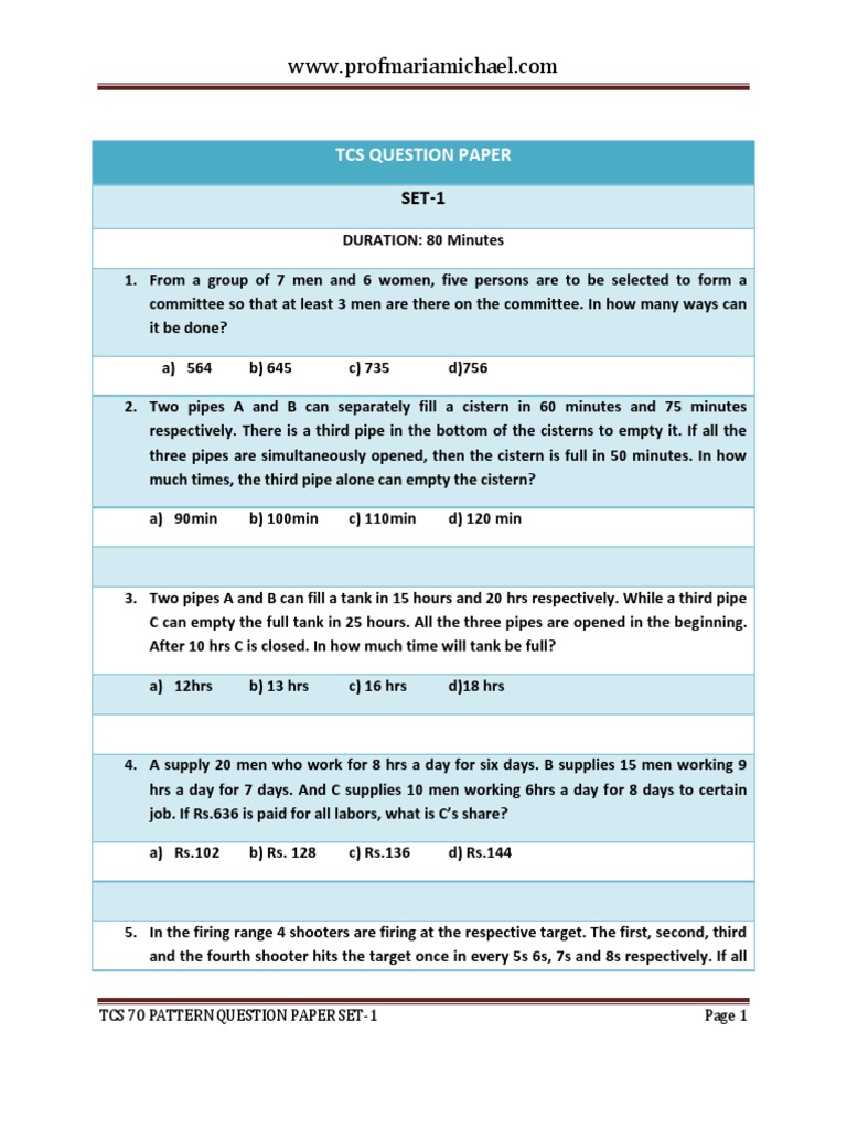 Tcs Question Paper - Set-1 | PDF | Insight | Thought