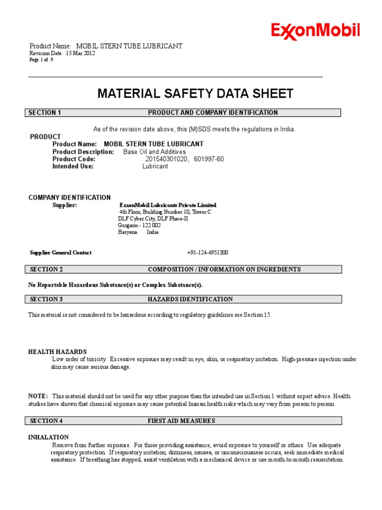 Material Safety Data Sheet: Product Name: Mobil Stern Tube Lubricant ...