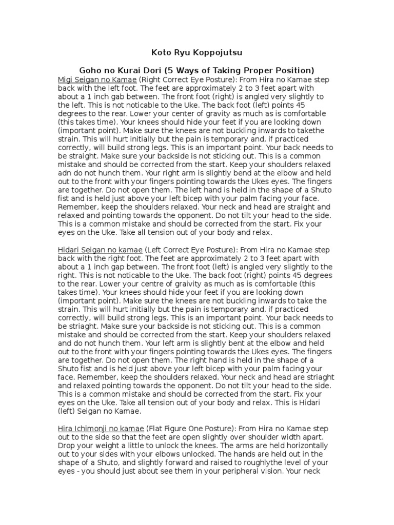 Koto Ryu Koppojutsu Goho No Kurai Dori (5 Ways of Taking Proper Position) | Download Free PDF ...