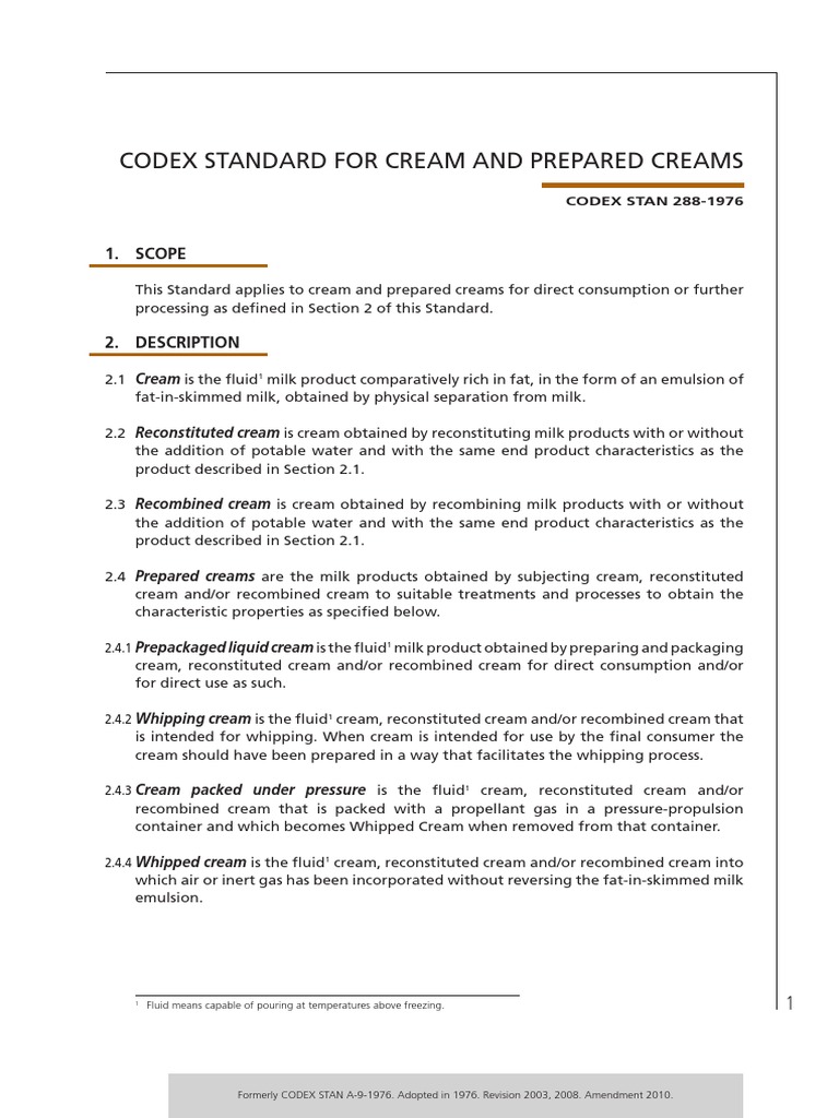 Codex Standard For Cream and Prepared Creams: 1. Scope | PDF | Cream | Milk