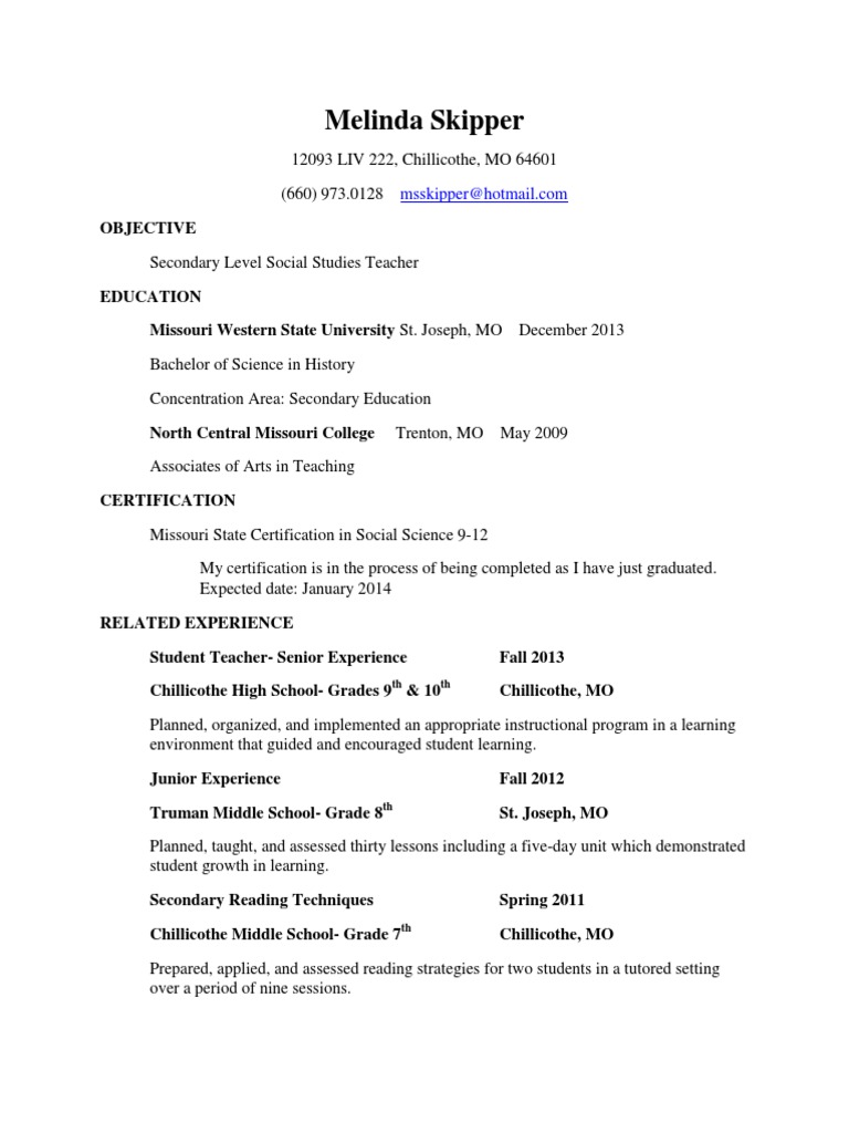 Social Studies Teacher Resume - Melinda Skipper | PDF | Career & Growth | Wellness