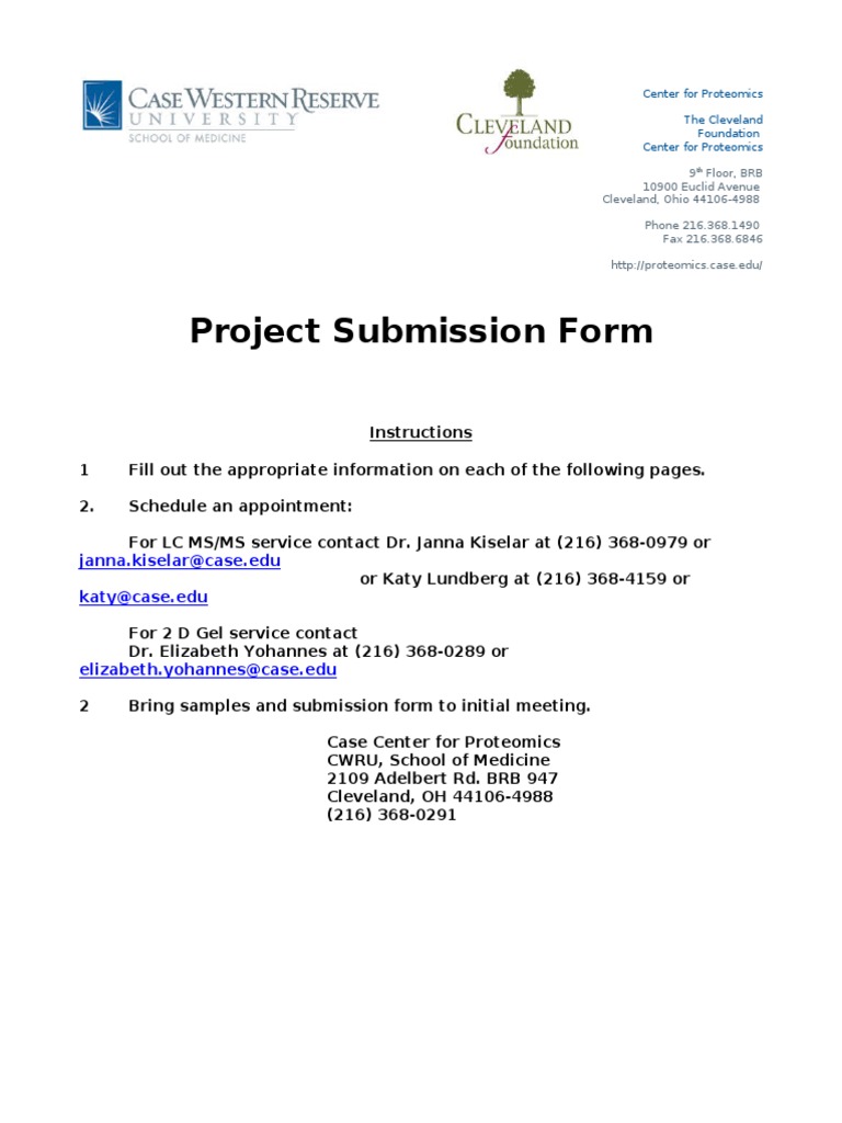 Center For Proteomics Project Submission Form | PDF | Biological Engineering | Nutrients