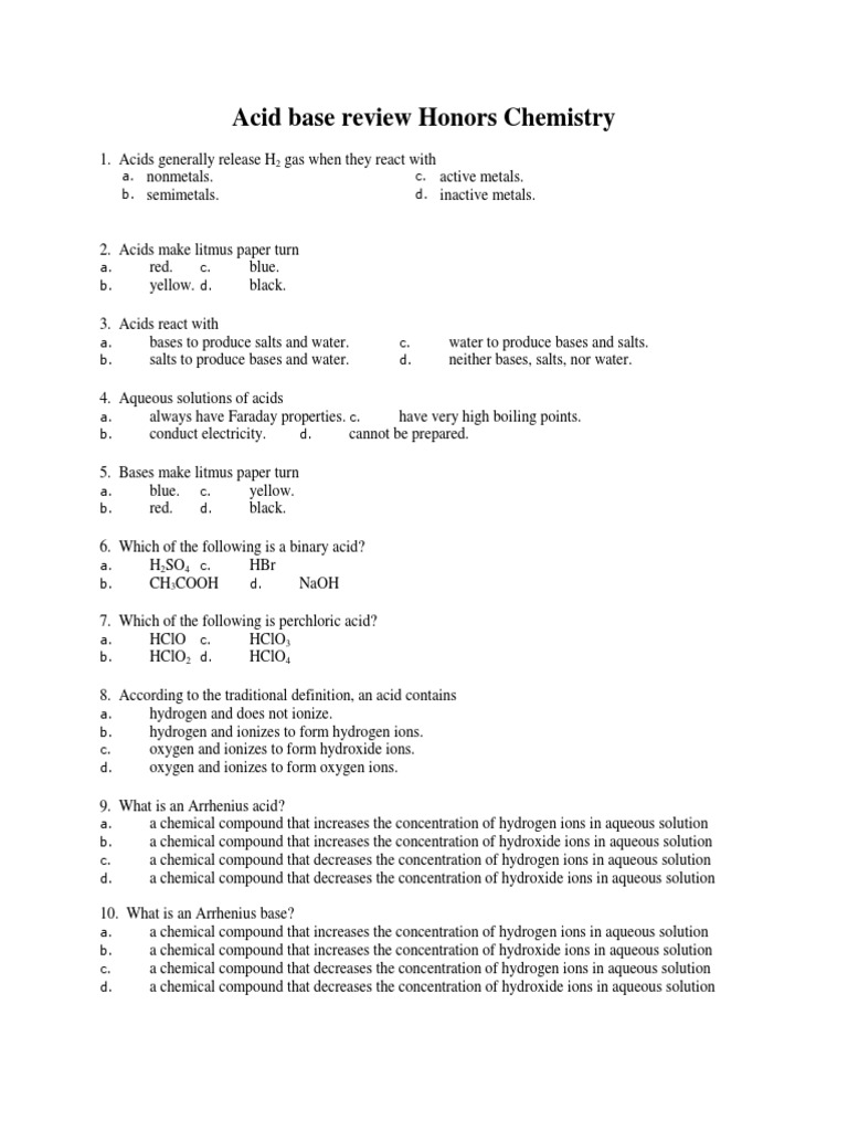 Acid Base Review Honors Chem | PDF | Acid | Ph