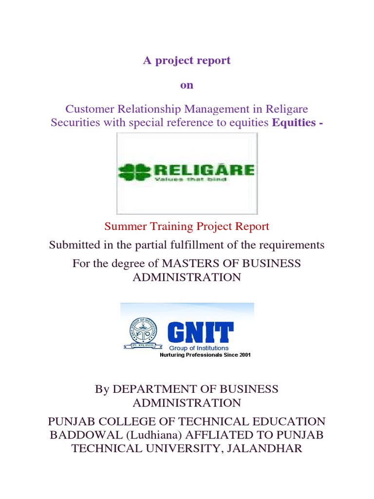 Customer Relationship Management in Religare Securities With Special ...