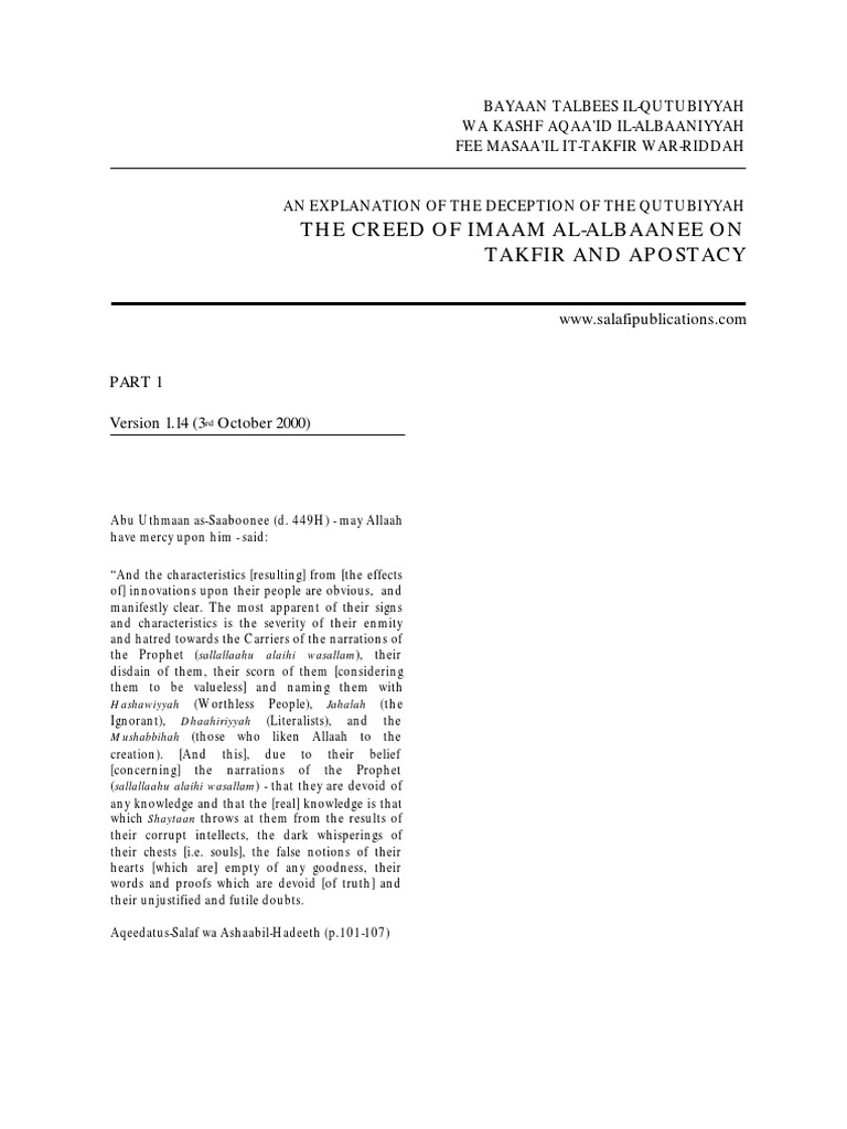 Creed of Al-Albani on Takfir & Riddah | PDF | Kafir | Salafi Movement