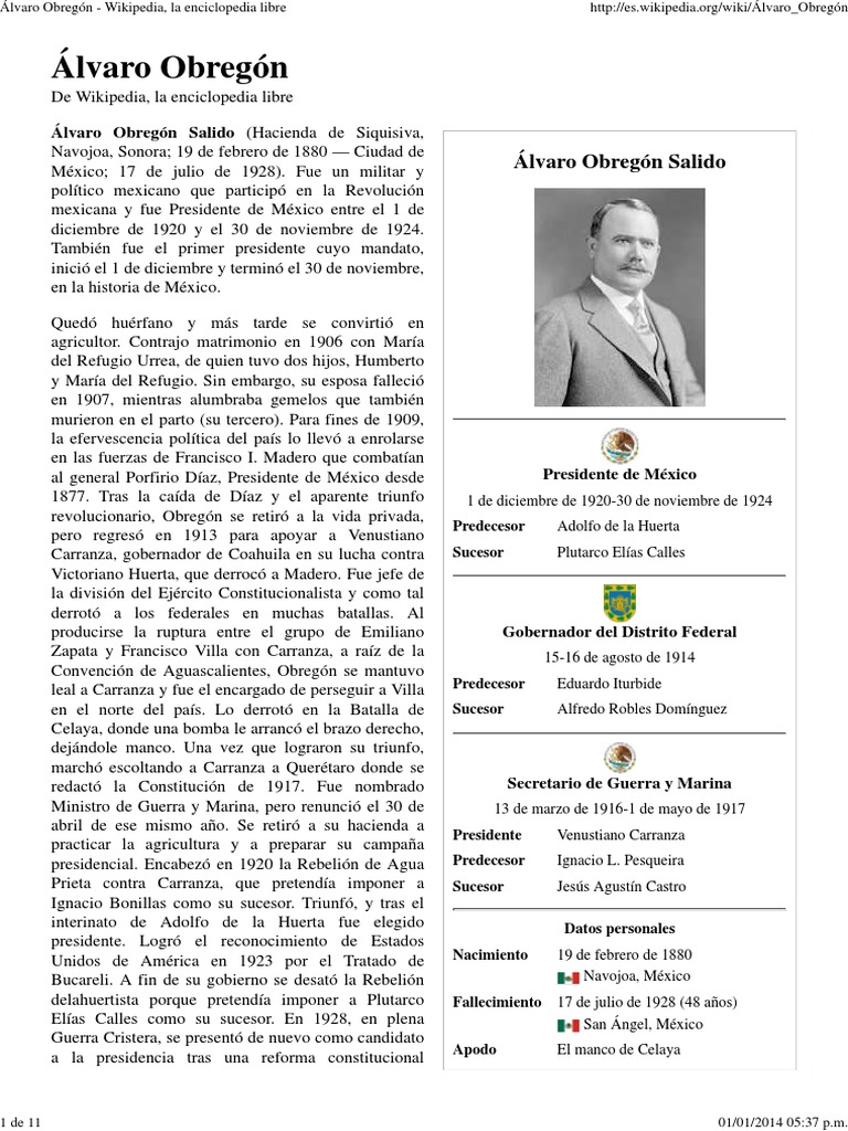 Álvaro Obregón - Wikipedia, La Enciclopedia Libre | PDF | Militares de ...