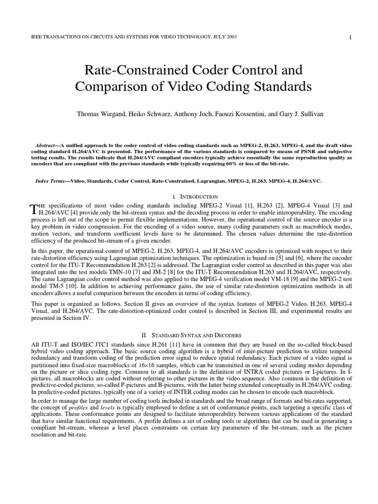 Rate Constrained Coder Control And Comparison Of Video Coding Standards 9456