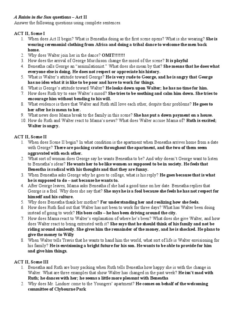 A Raisin in The Sun Questions ACT 2 With Answers | PDF | Mystery ...