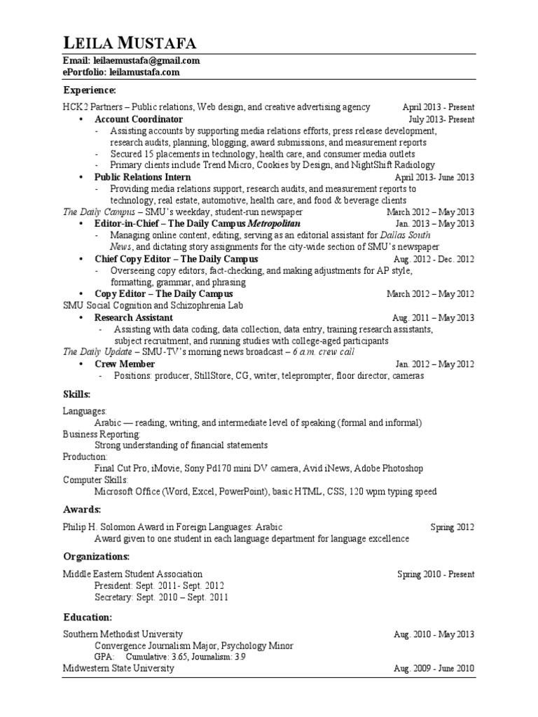 Leila Mustafa's PR & Journalism Experience | PDF | Newspapers | Editing