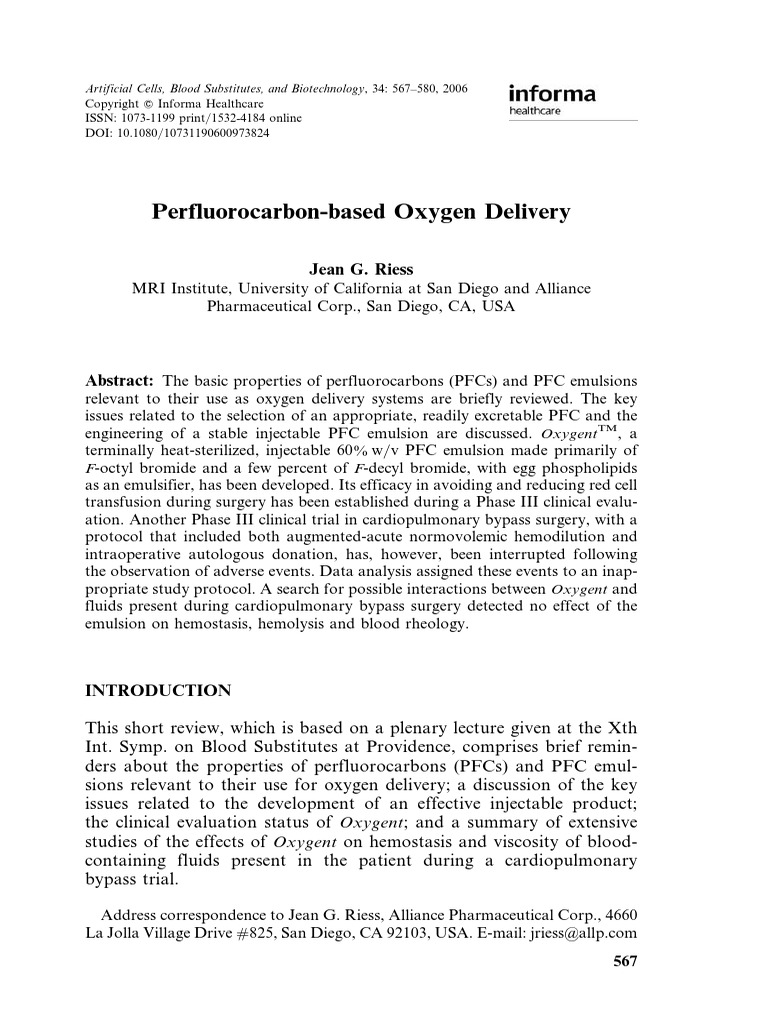 Perfluorocarbon-Based Oxygen Delivery | PDF | Emulsion | Coagulation