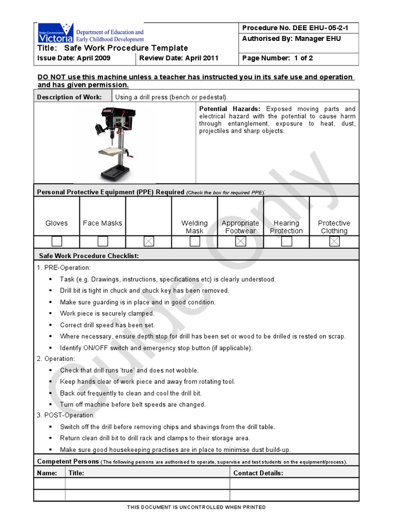 Safe Work Procedure (Drill Press) | PDF