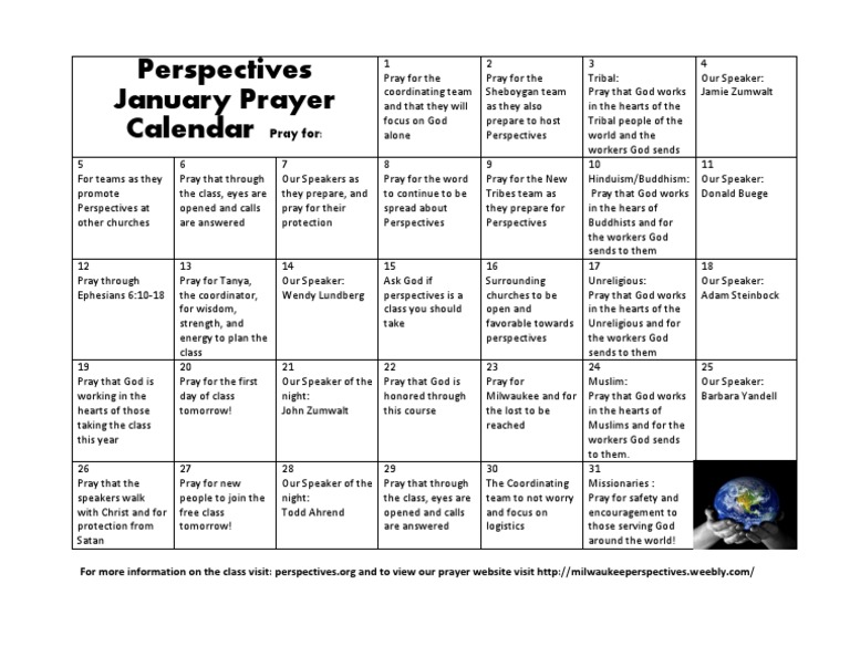 January Prayer Calendar for Perspectives | PDF
