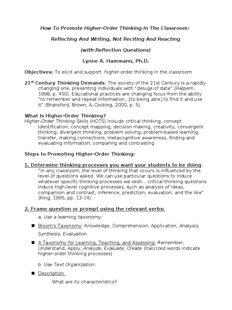 Promote Higher Order Thinking | PDF | Thought | Lesson Plan