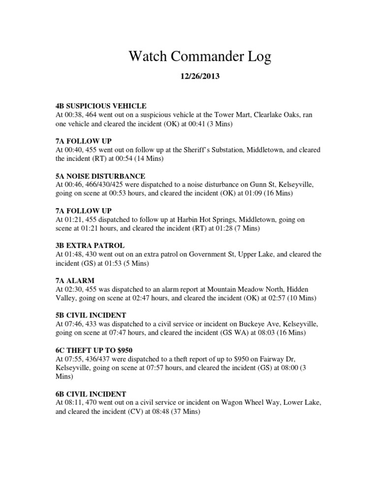 Daily Watch Commander Log Summary | PDF | Legal Action | Criminal Justice