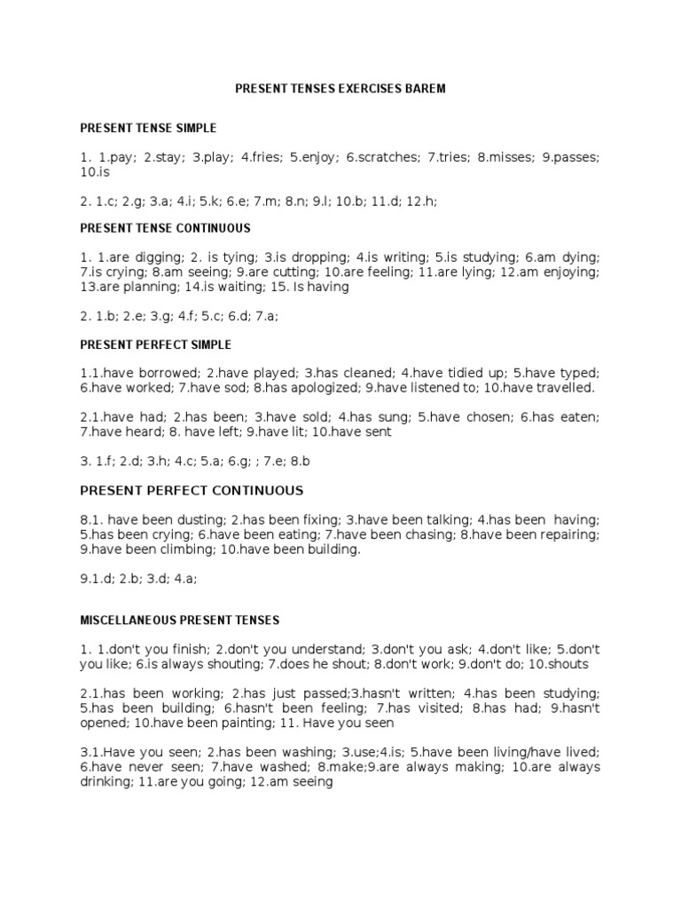 Present Tenses Exercises Key | PDF