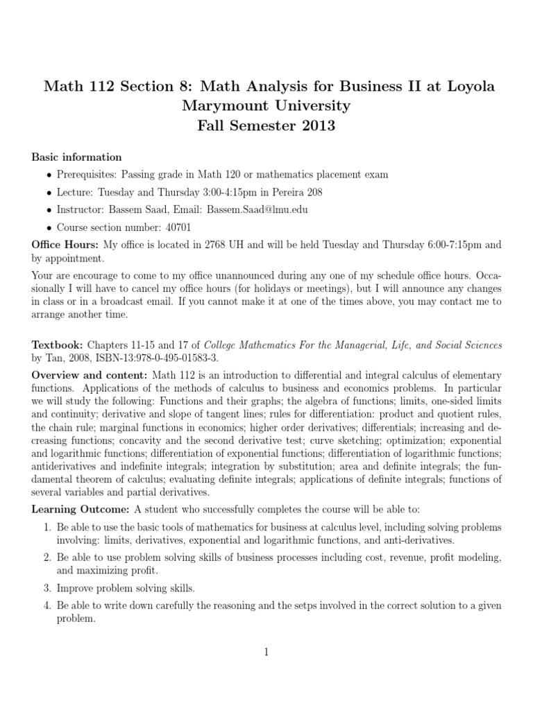Math 112 LMU | PDF | Integral | Derivative
