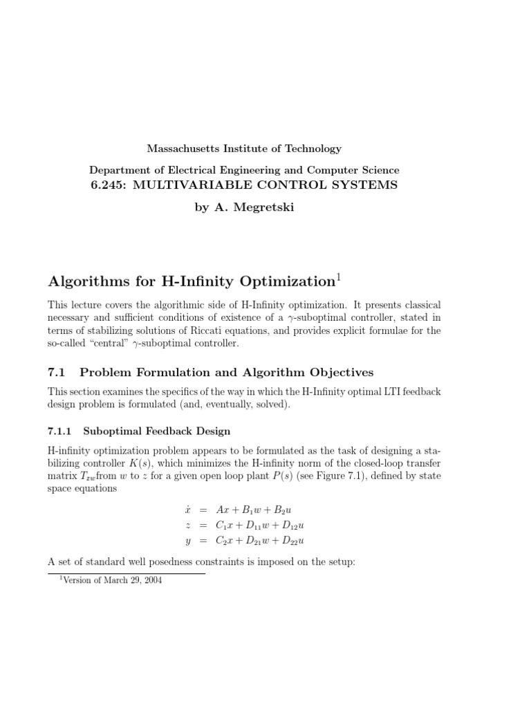 Algorithms For H-Infinity Optimization: 6.245: Multivariable Control ...