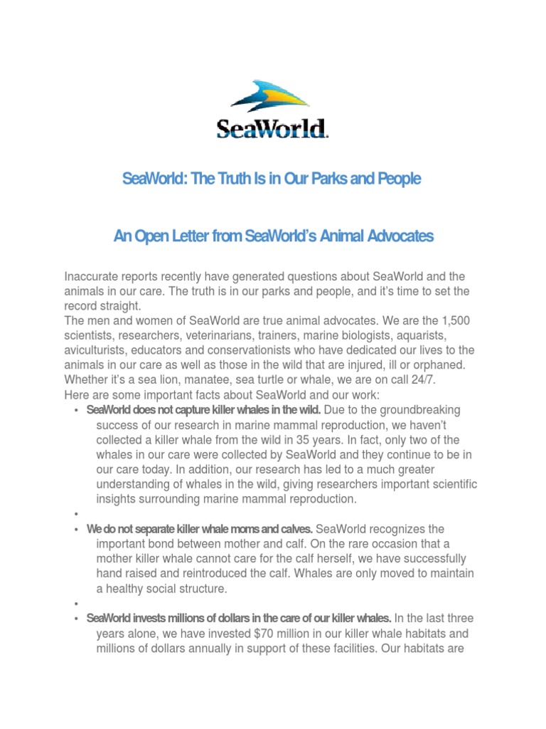 A Letter From The Zoological Staff at Seaworld | PDF | Sea World ...