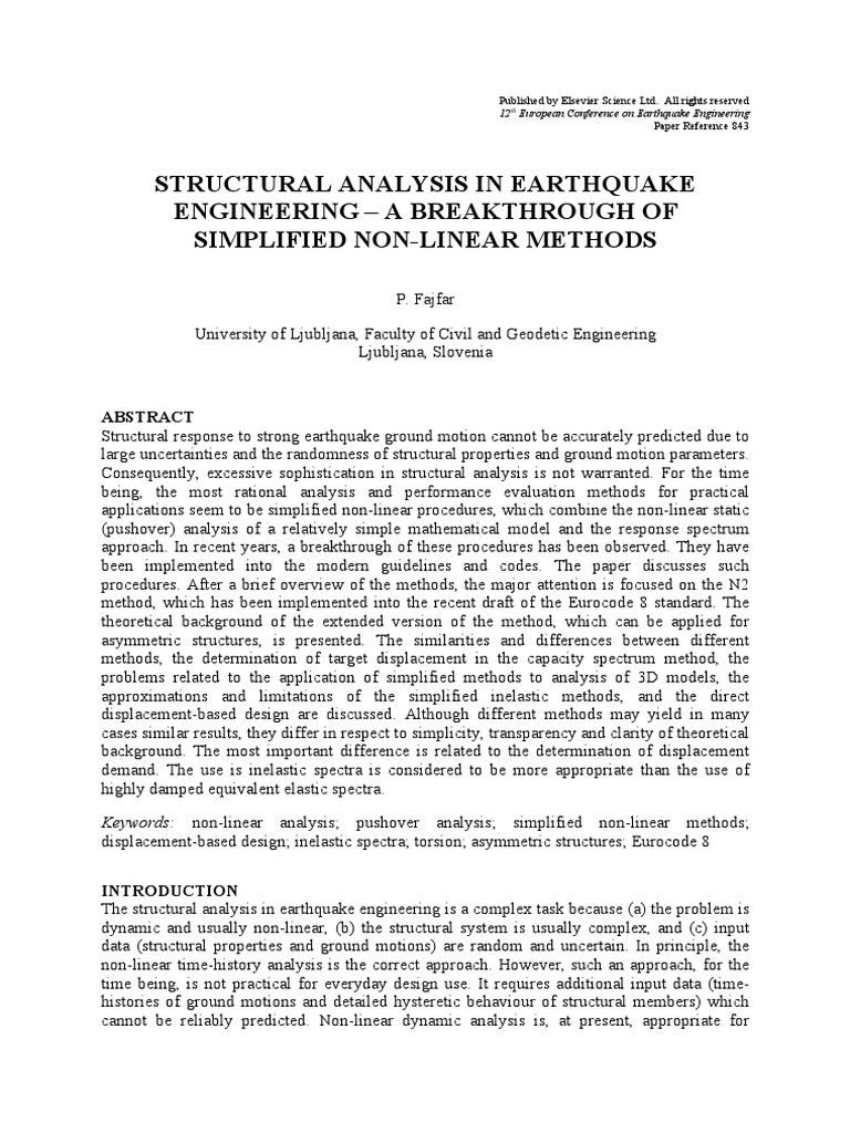 STRUCTURAL ANALYSIS IN EARTHQUAKE ENGINEERING - A BREAKTHROUGH OF ...