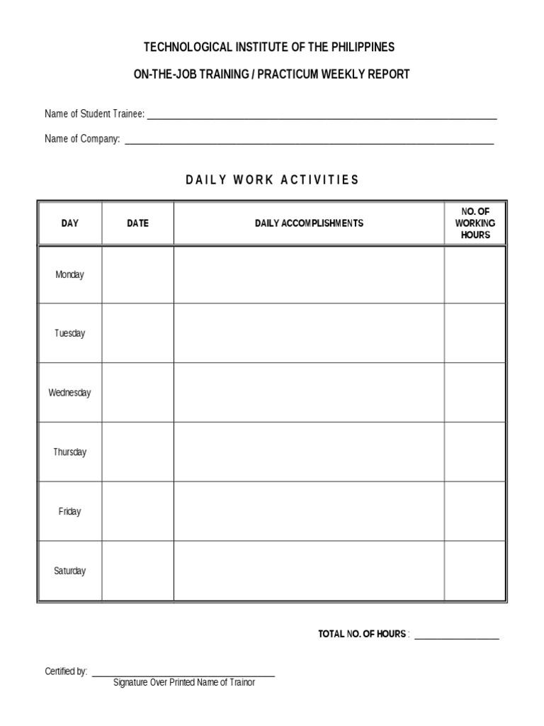 OJT Weekly Report Template | PDF | Business | Teaching And Learning