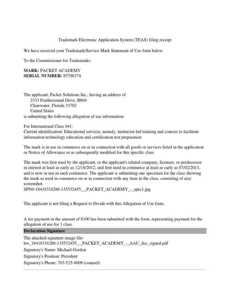SAMPLE Trademark Allegation of Use (AAU) | PDF | Career & Growth ...