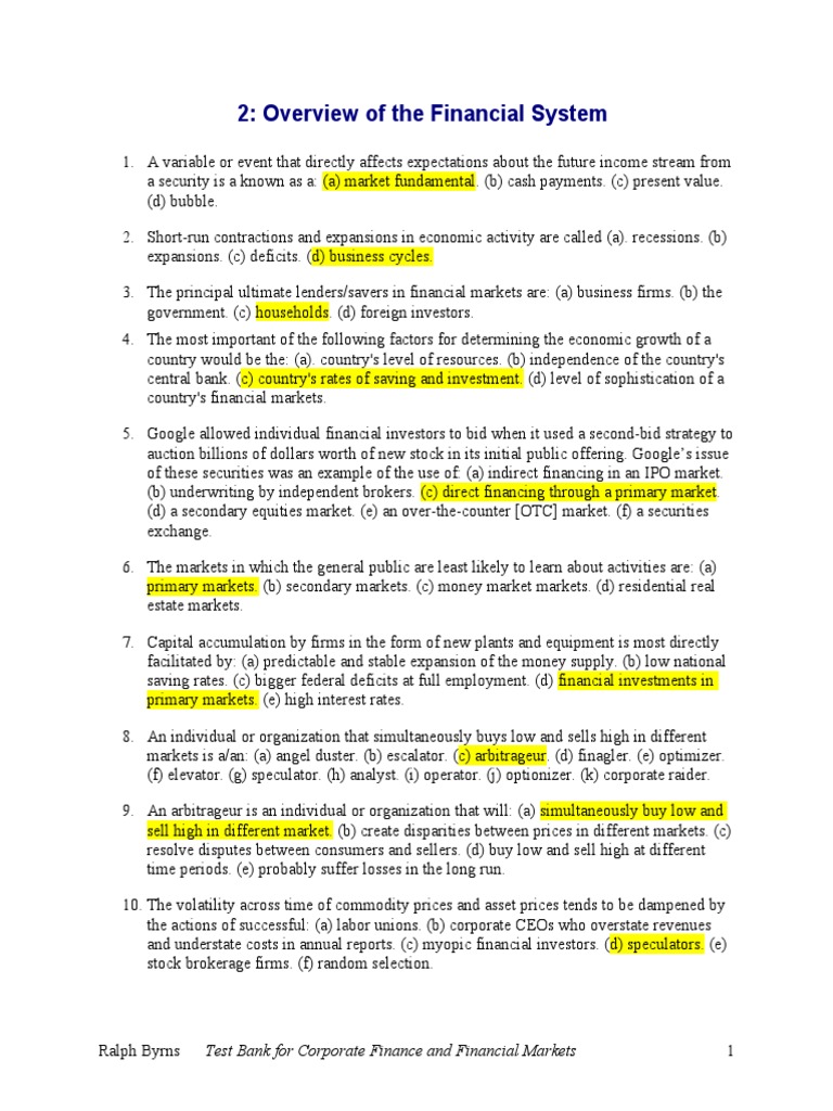 2: Overview of The Financial System: Test Bank For Corporate Finance ...